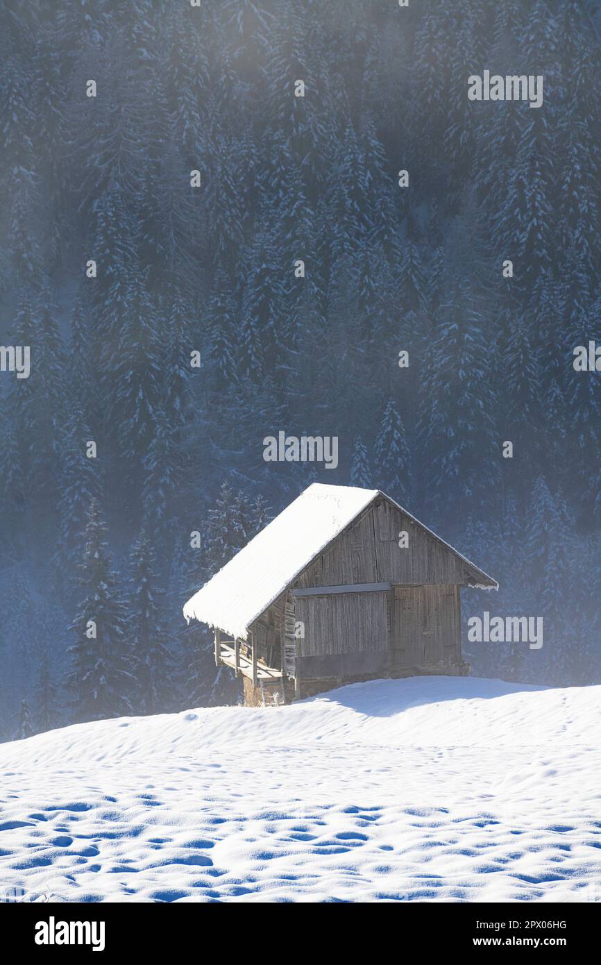 an old log cabin in a snow covered winter landscape Stock Photo - Alamy