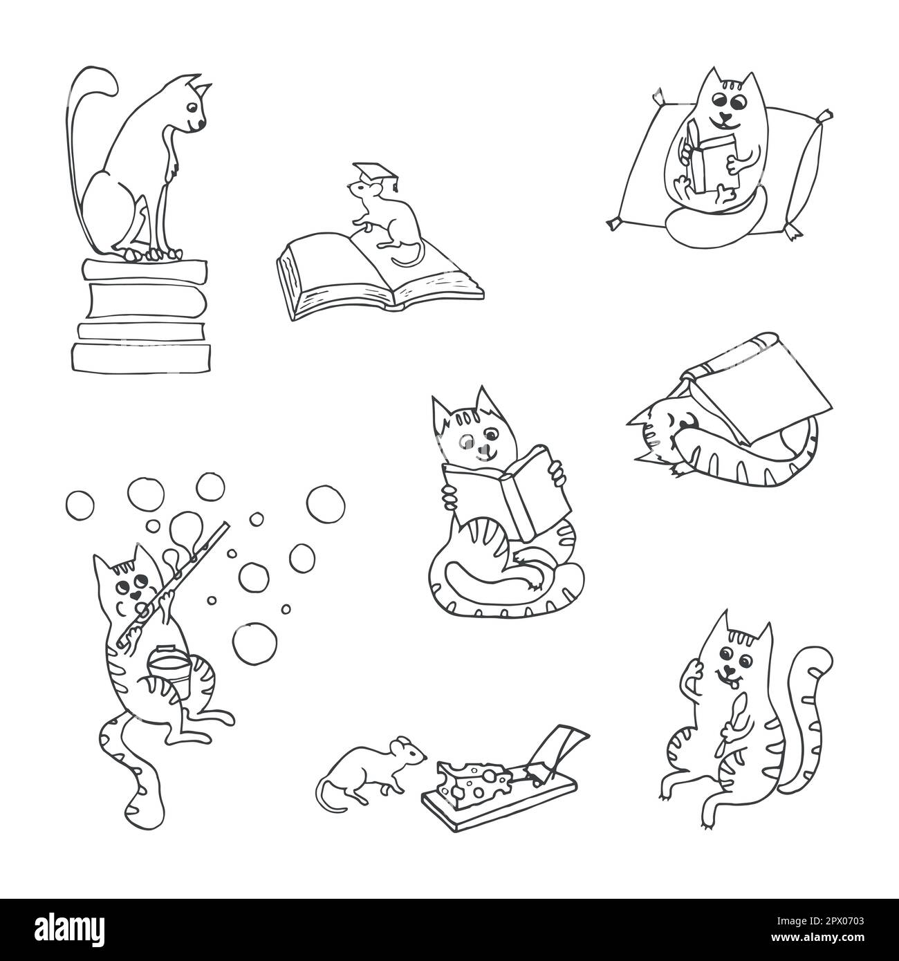 Vector Illustration Of Set With Funny Cats Hand Drawn Black And White