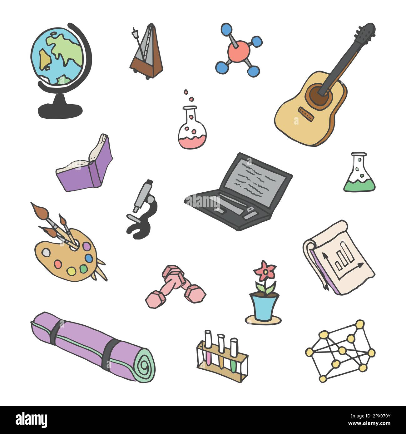 vector illustration. Set of activity objects: guitar, dumbbells, yoga ...