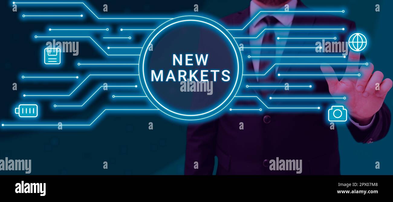 Hand writing sign New Markets, Business concept Different commercial ...