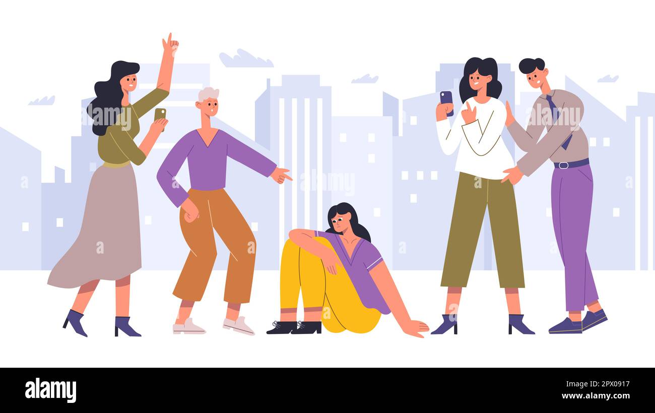 Bullying problem concept. Cartoon scared and lonely female character ...