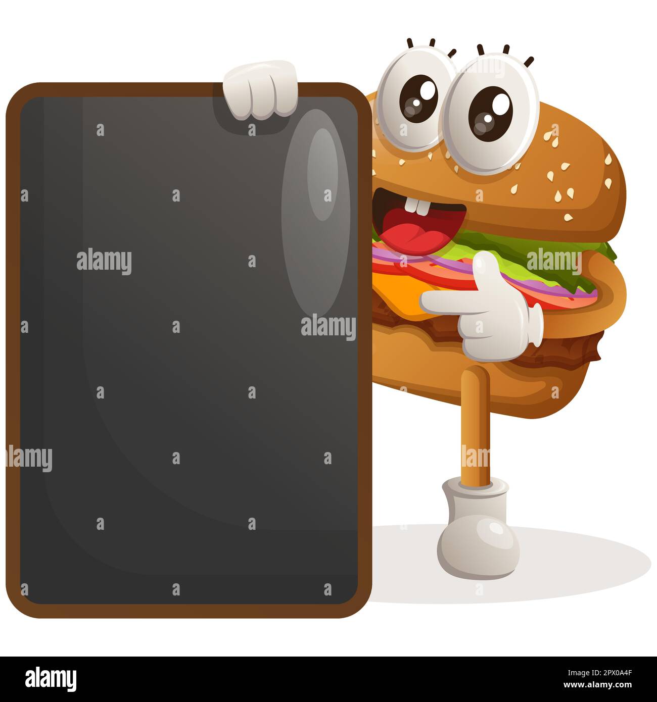 Cute burger mascot design holding menu black Board, menu board, sign ...