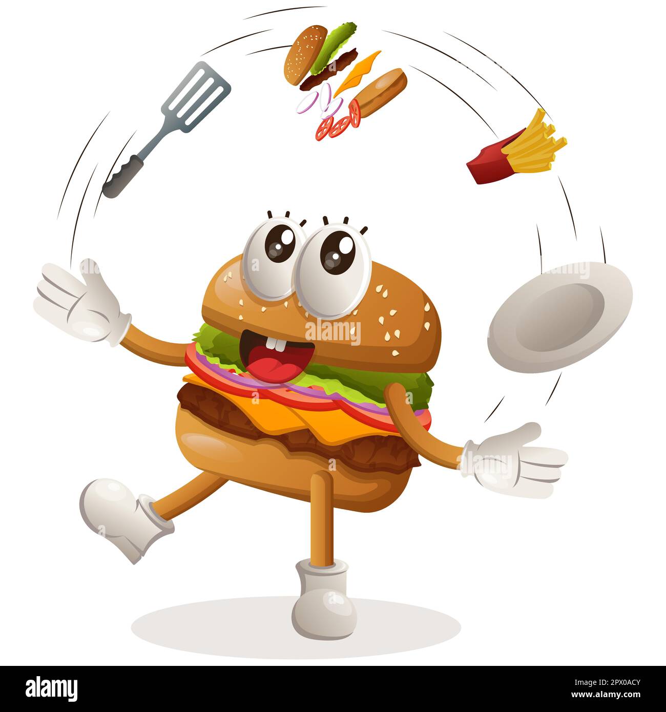 Cute burger mascot design cooking burger and french fries, chef cooking ...