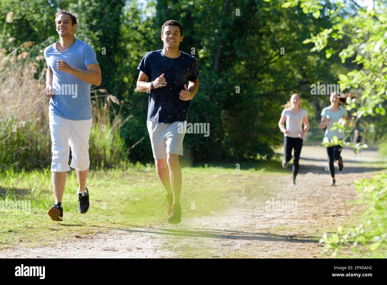 men running together on the trail in the green forest Stock Photo - Alamy