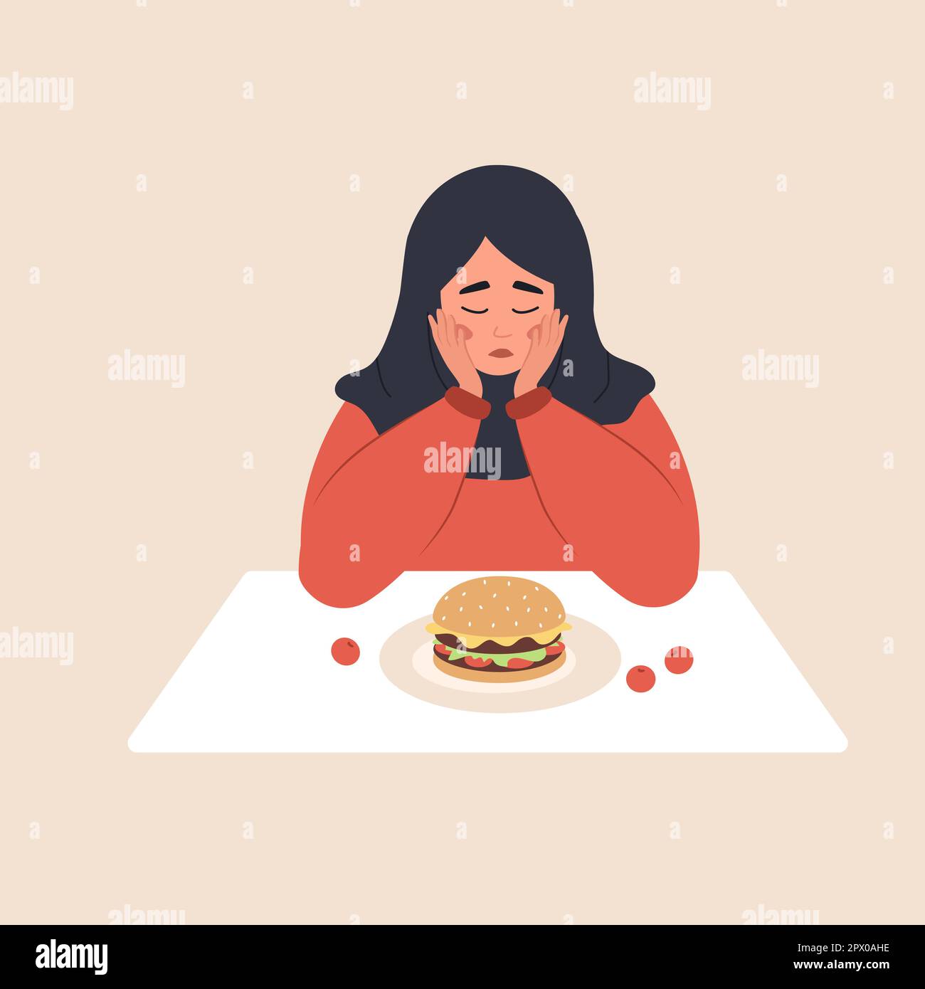 Eating disorder. Sad arabian woman looks at hamburger and worries about ...