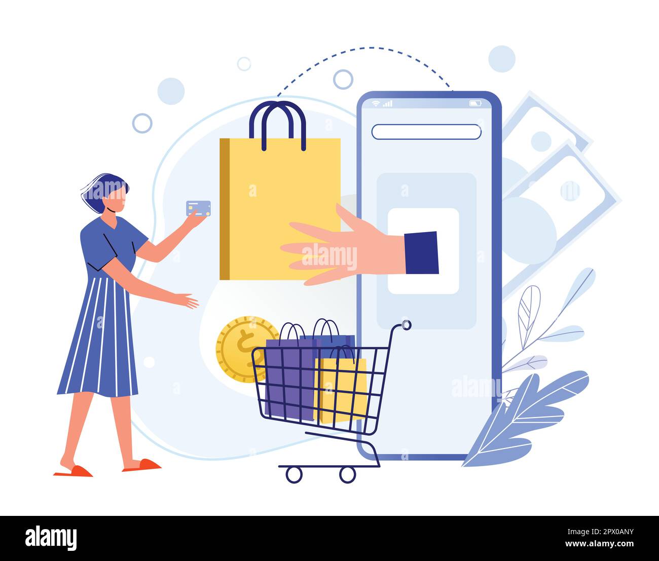 Online shopping app. Woman paying for purchase by credit card ...