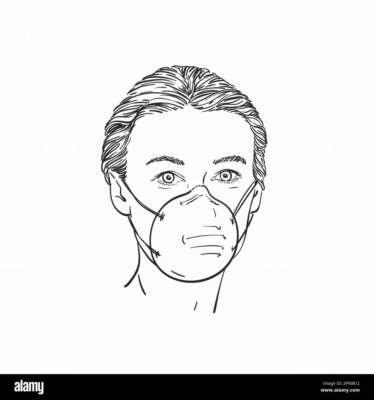 Woman wearing medical face mask, Hand drawn linear portrait, Vector ...