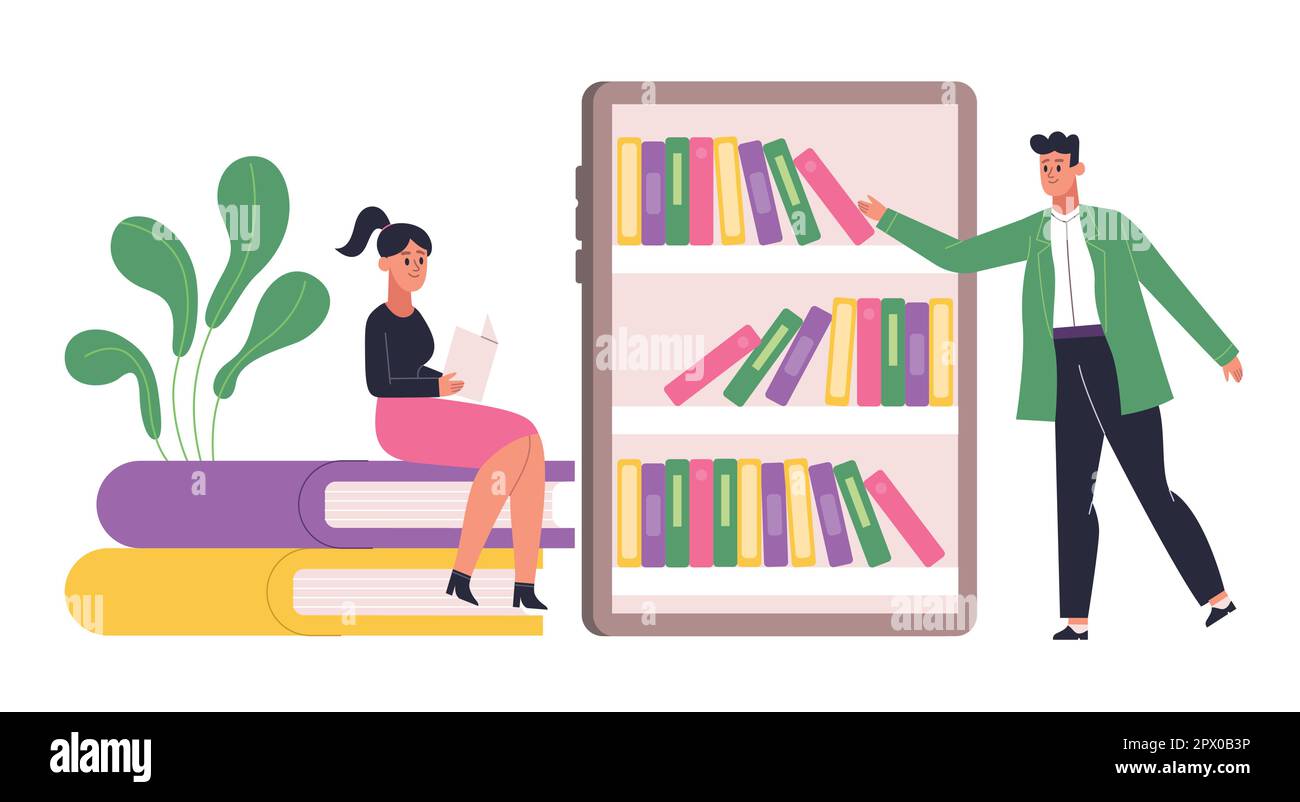 People studying and reading library books. Woman sitting on pile of ...