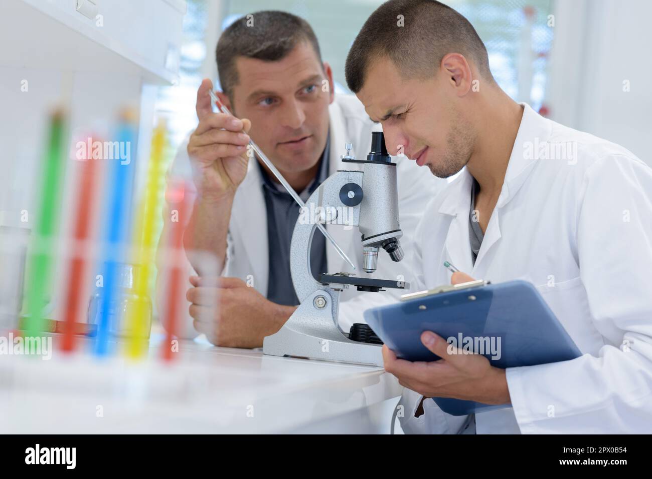young laboratory professional studying under microscope Stock Photo - Alamy