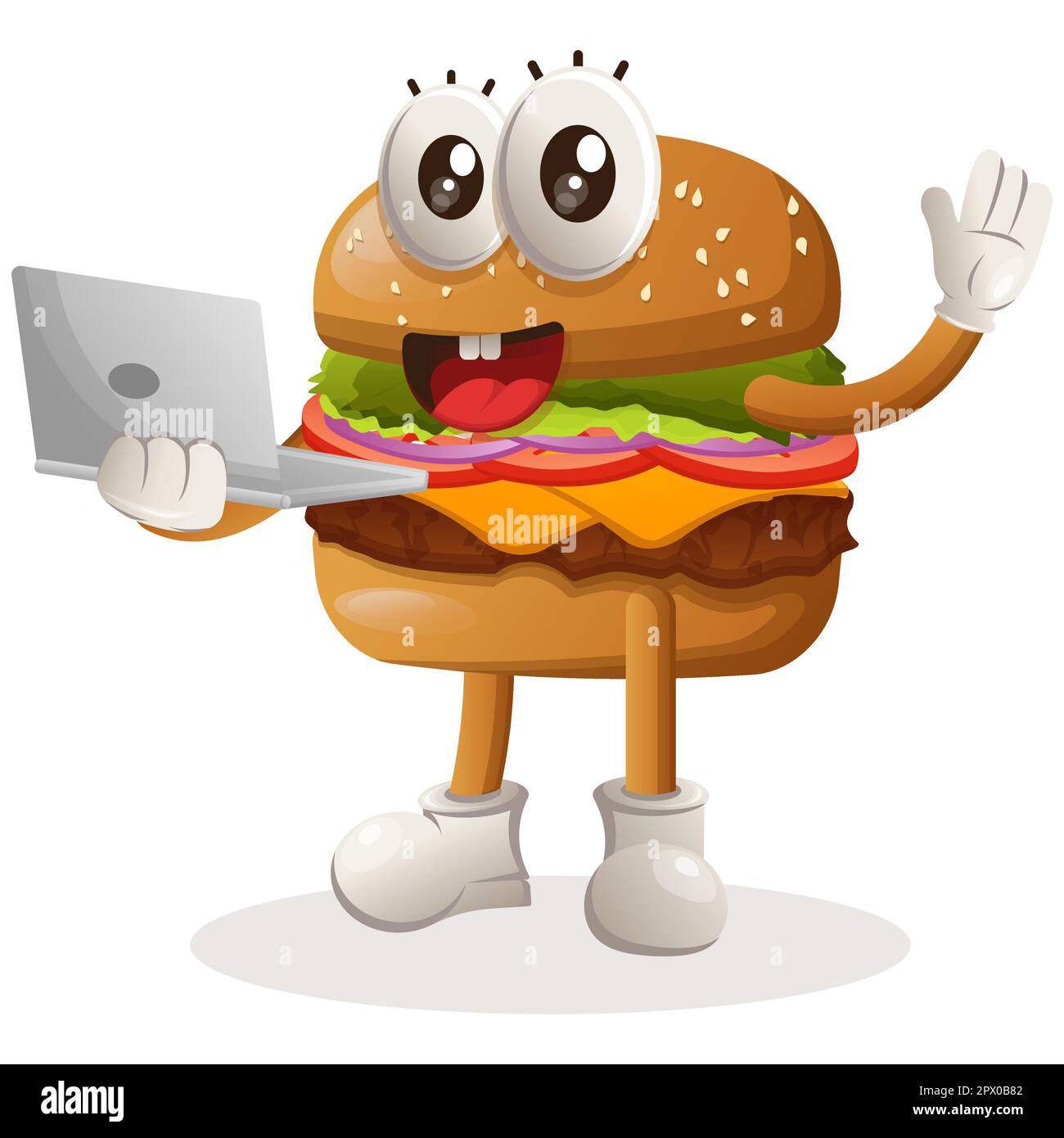 Cute burger mascot design working using a laptop. Burger cartoon mascot ...