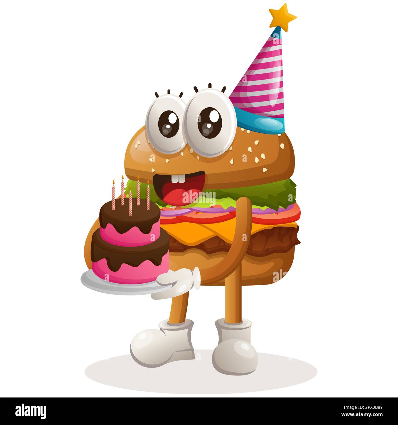 Cute burger mascot design wearing a birthday hat, holding birthday cake ...