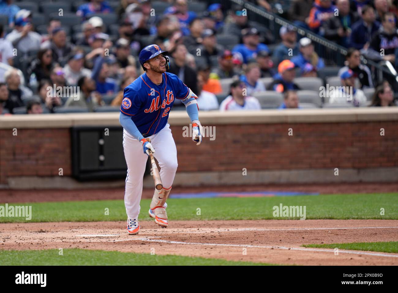 New York Mets' Pete Alonso looks after this three- run home run during ...