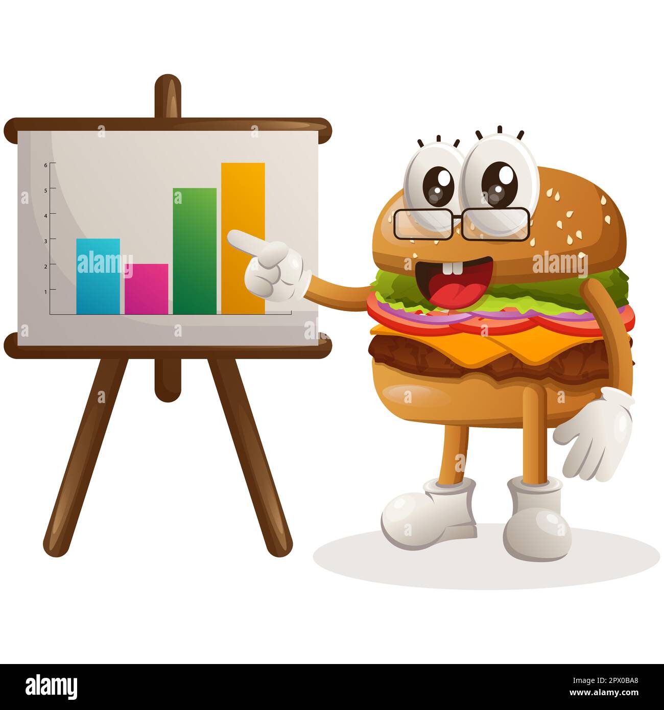 Cute burger mascot design gives report/ presentation, shows column ...