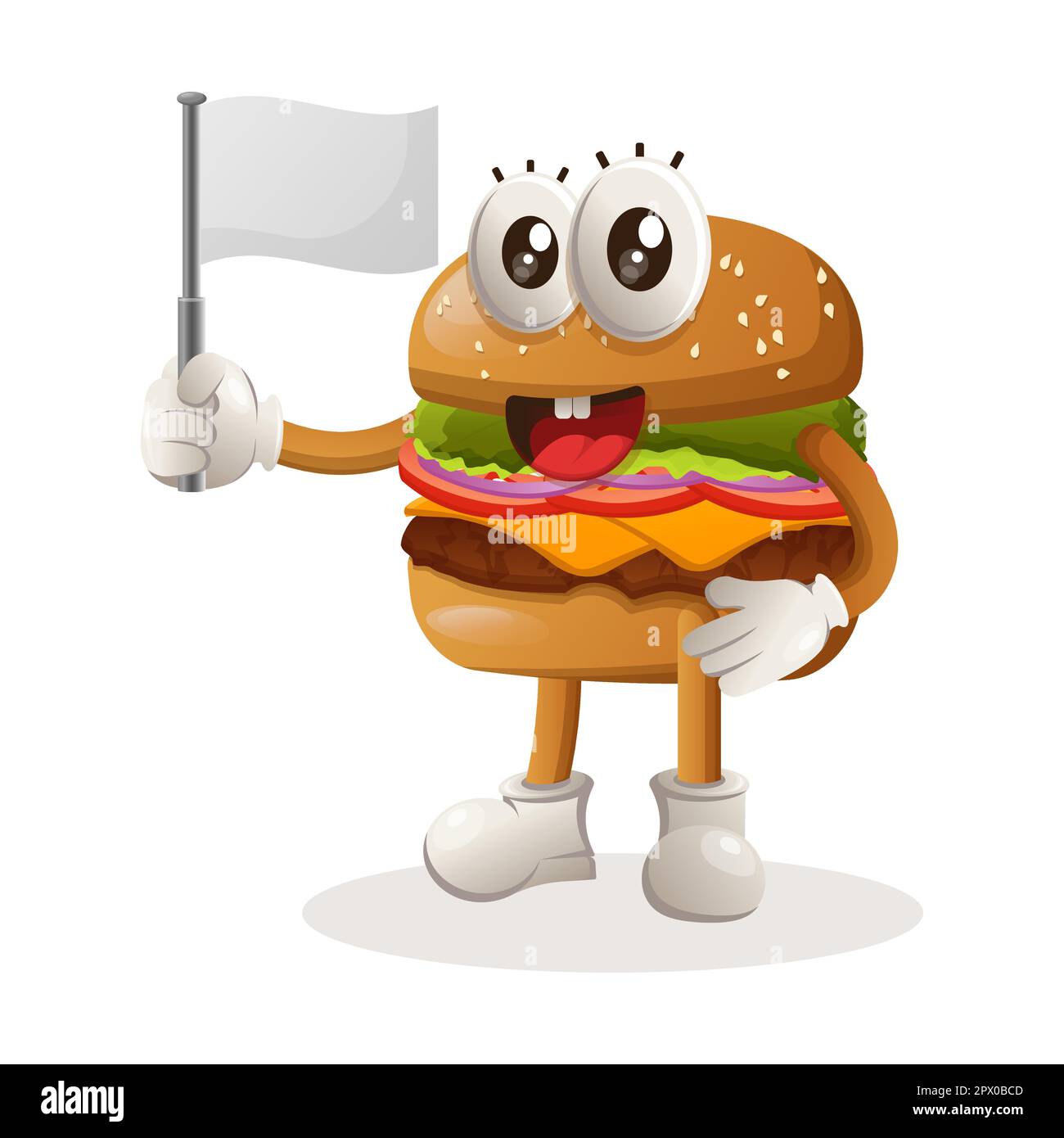 Cute burger waving white empty flag. Perfect for food store, small ...