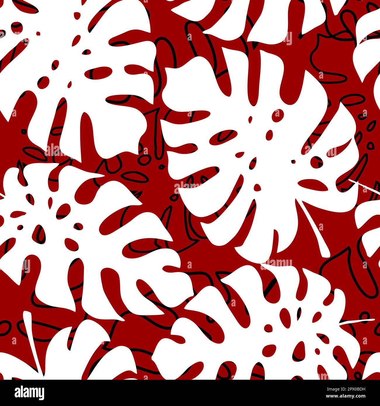 seamless red and white pattern of tropical leaves contours, texture ...