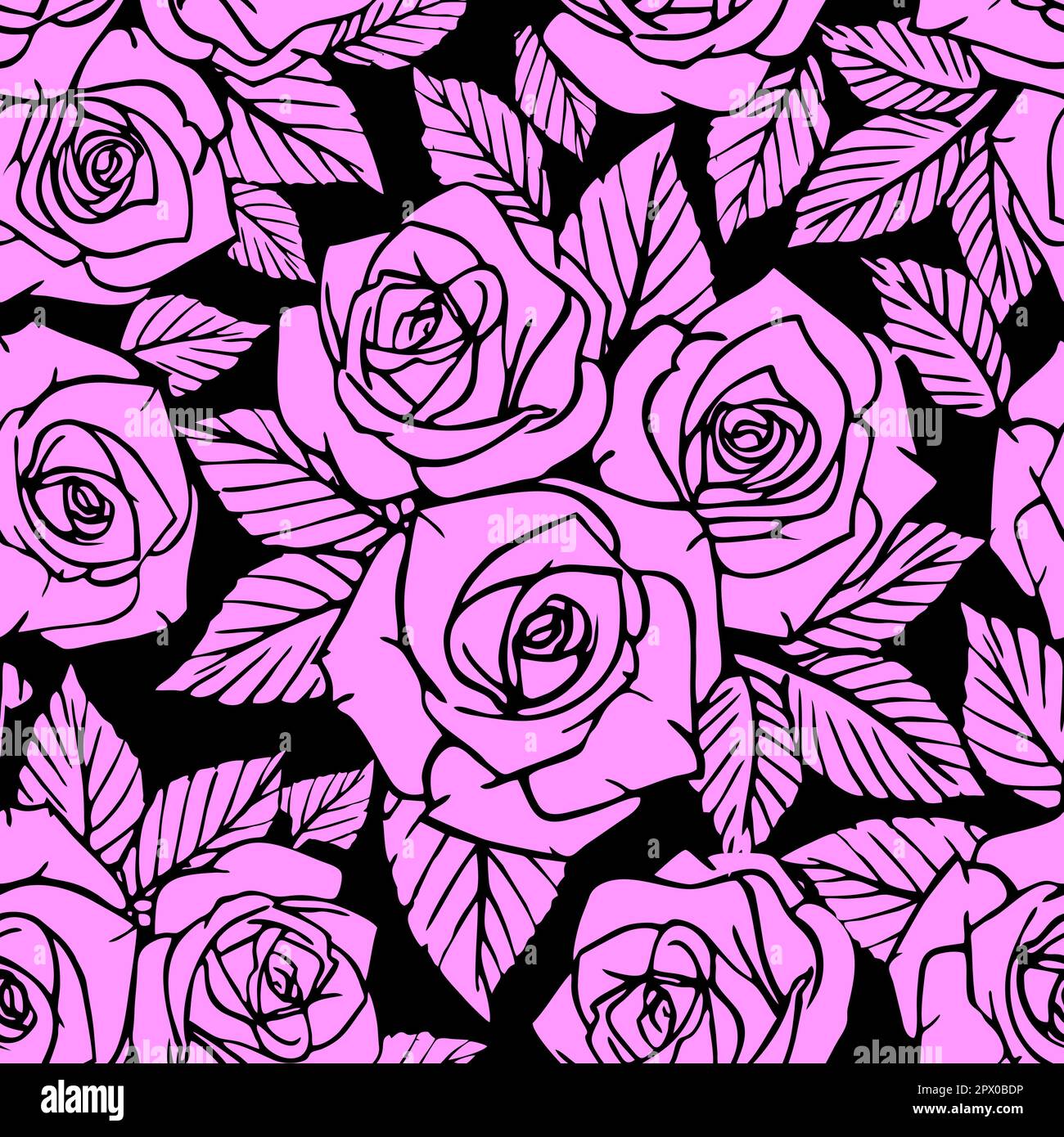seamless pink asymmetric pattern of rose contours on a black background ...