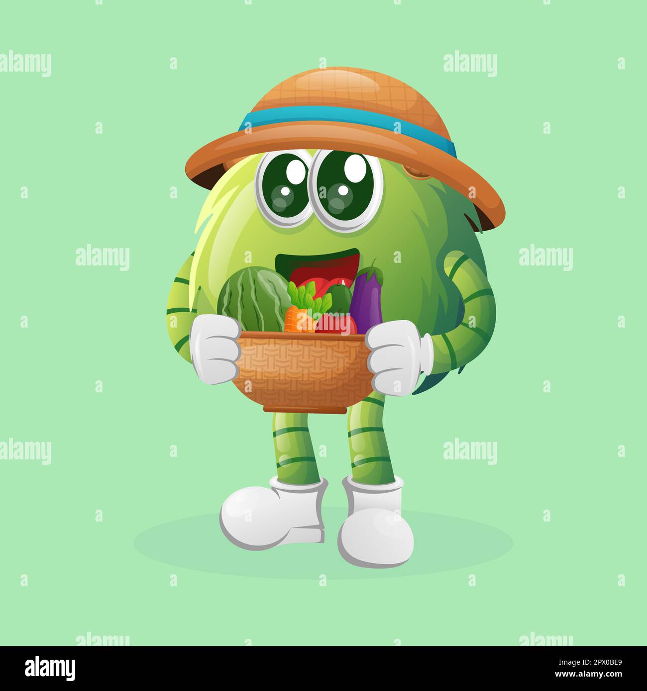 Cute green monster carries variety of fresh vegetables and fruits ...