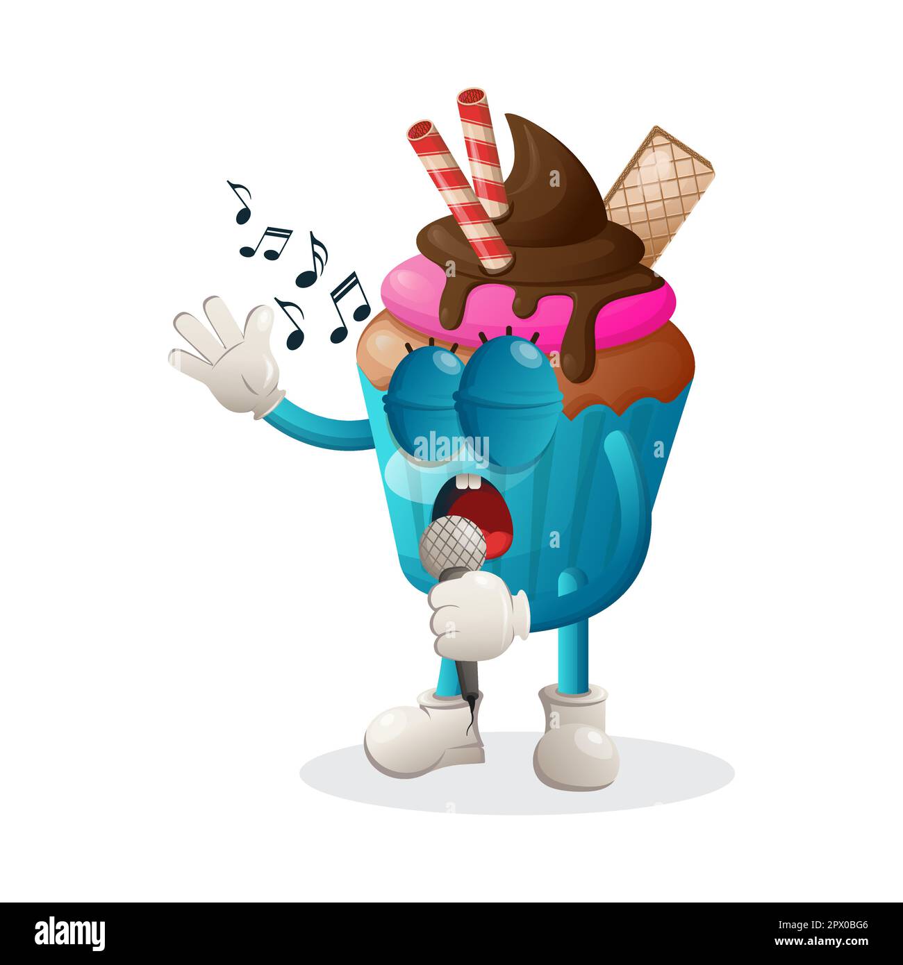 Cute cupcake mascot singing, sing a song. Perfect for food store, small ...