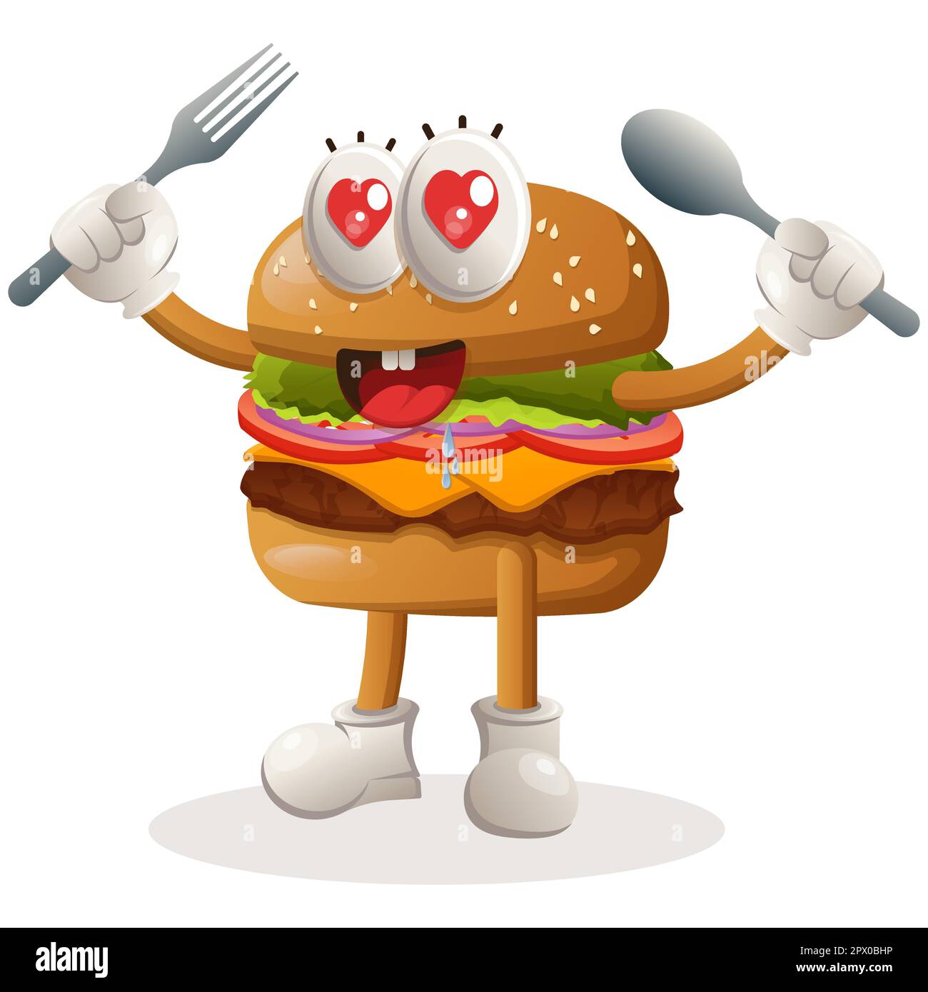 Cute burger mascot design holding spoon and fork. Burger cartoon mascot ...