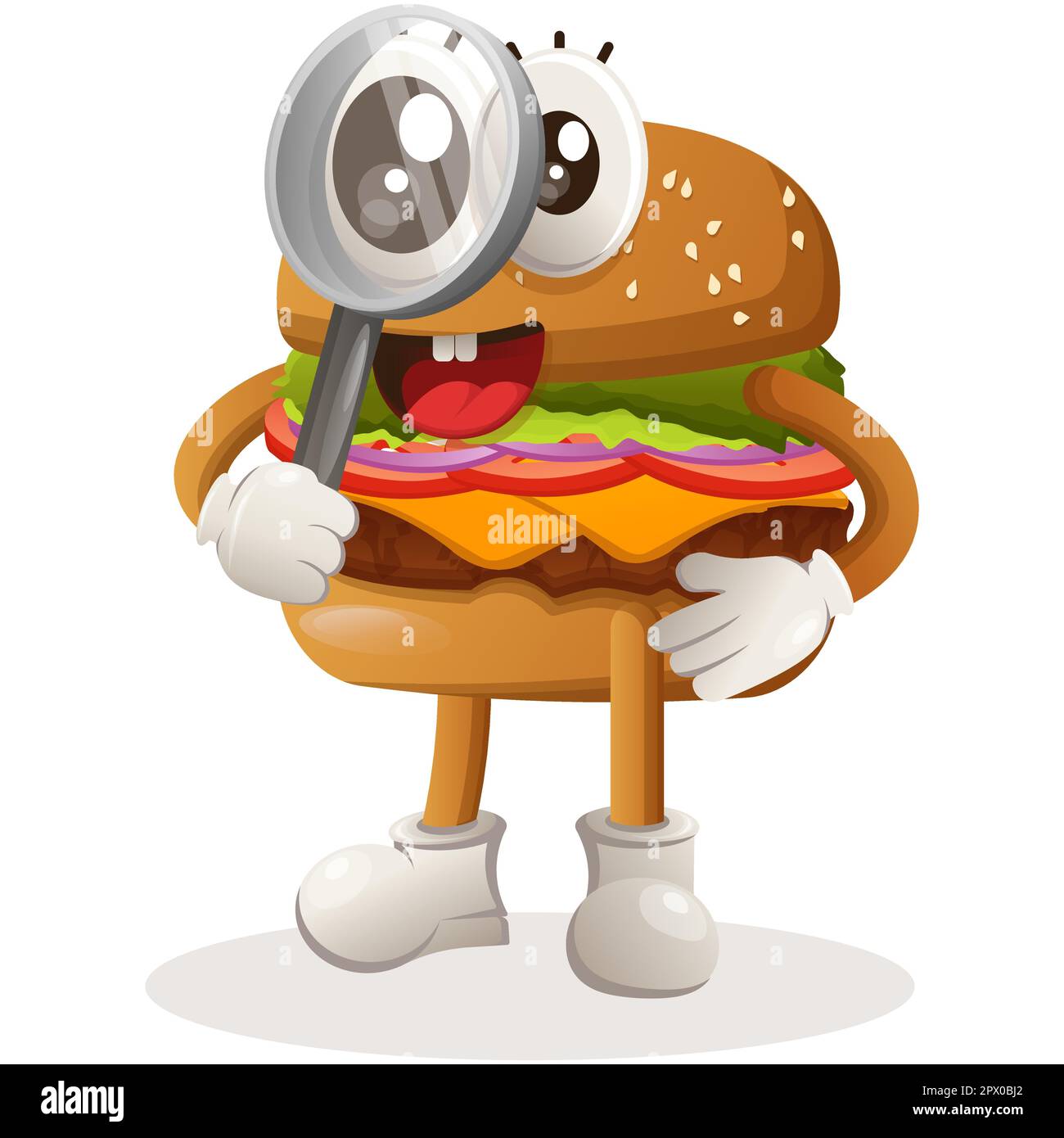 Cute burger mascot design conducting research, searching, holding a ...