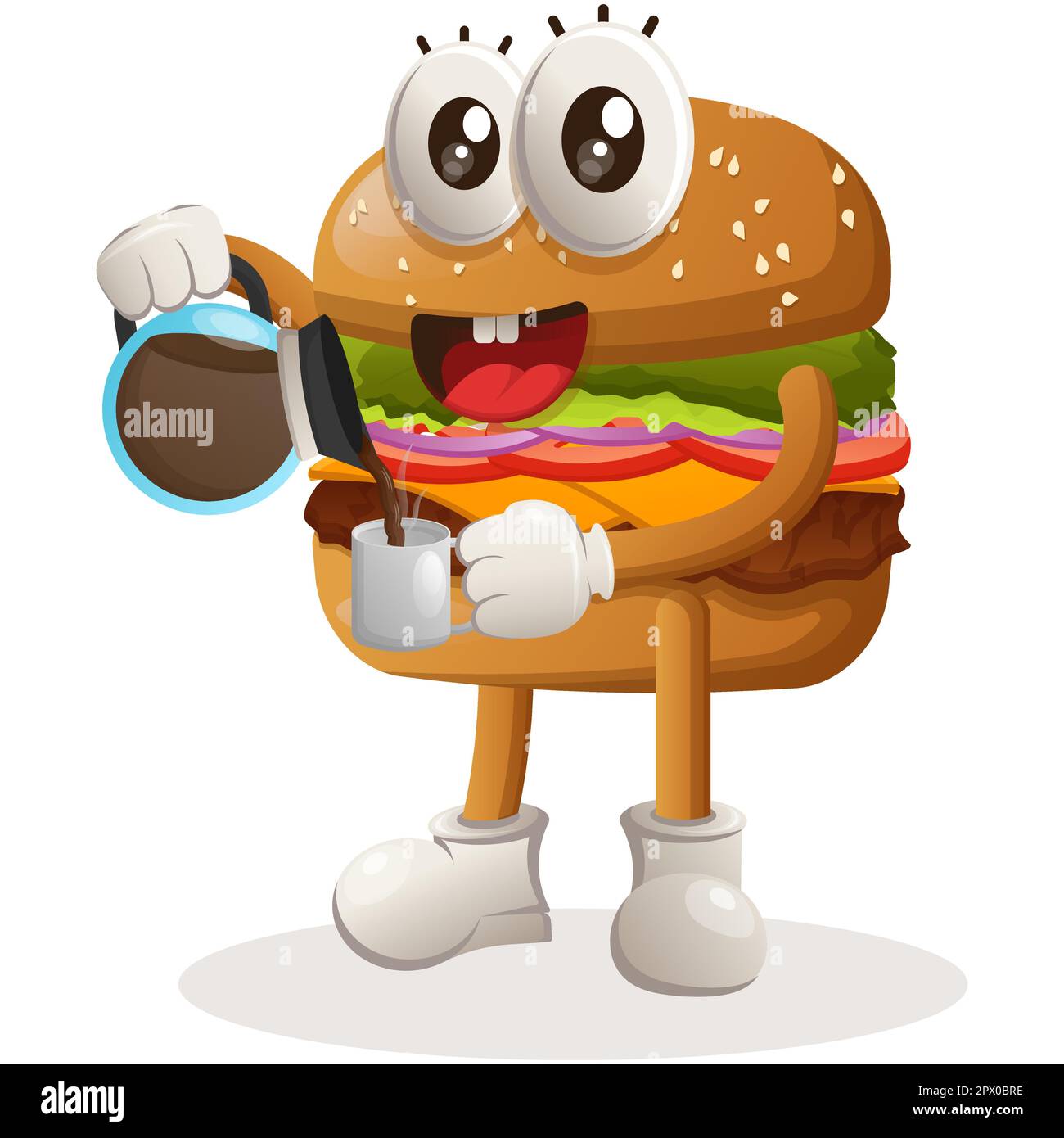 Cute burger mascot design drinking coffee, coffee time. Burger cartoon ...