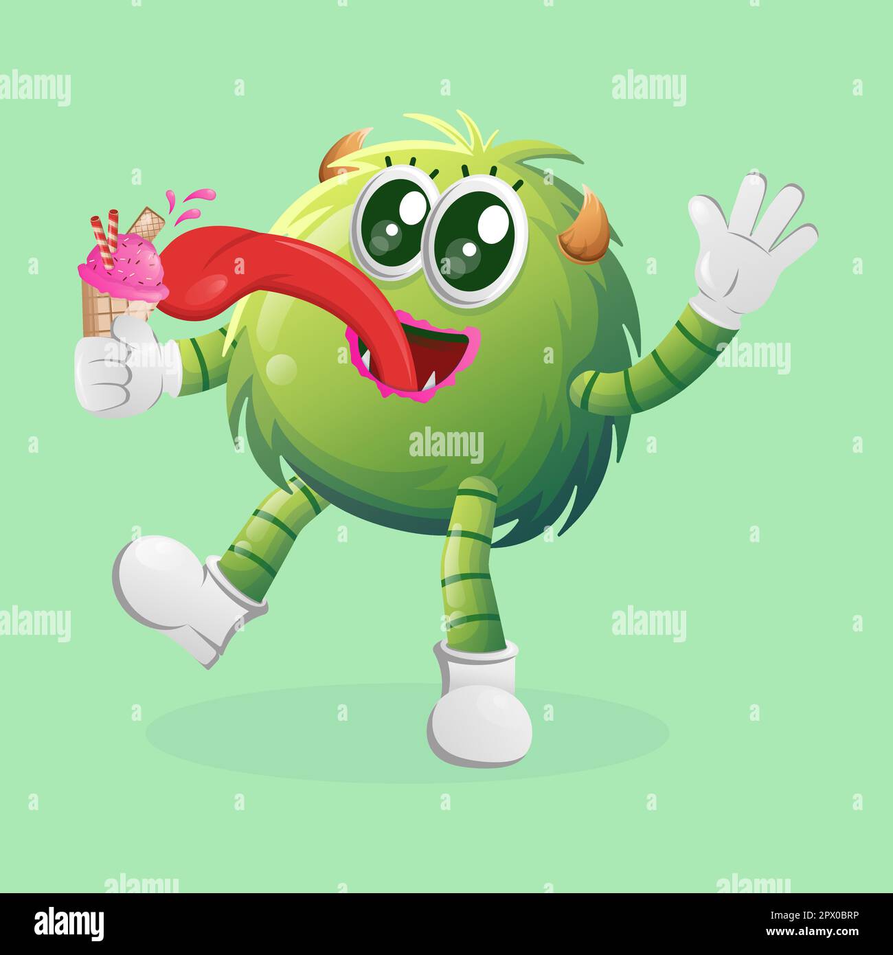 Cute green monster eat ice cream. Perfect for kids, small business or e ...