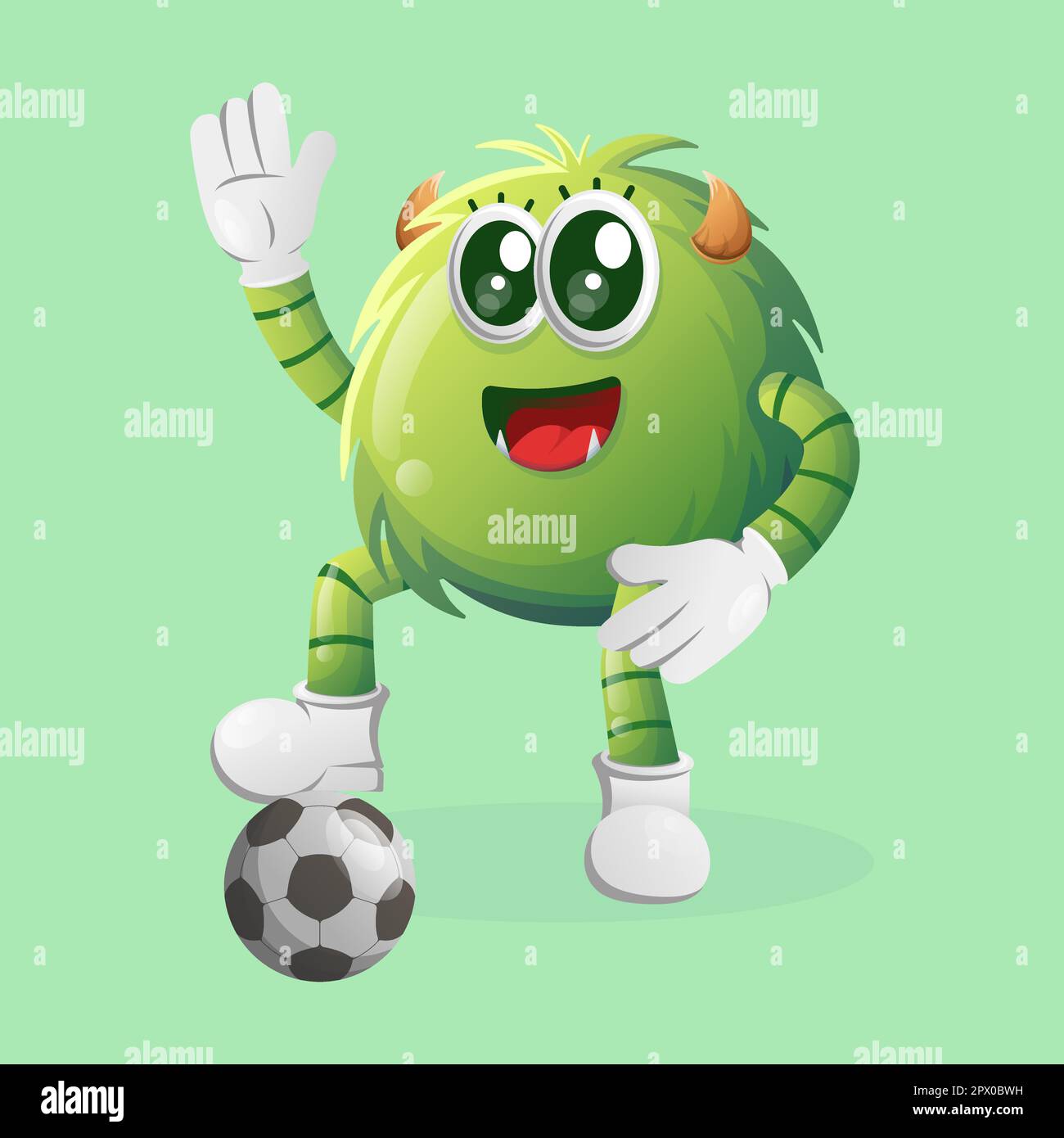 Cute green monster play football, soccer ball. Perfect for kids, small ...