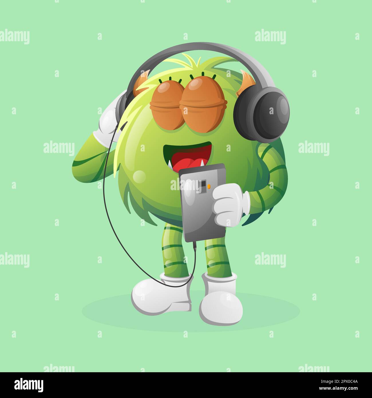 Cute green monster listening music on a smartphone using a headphone ...