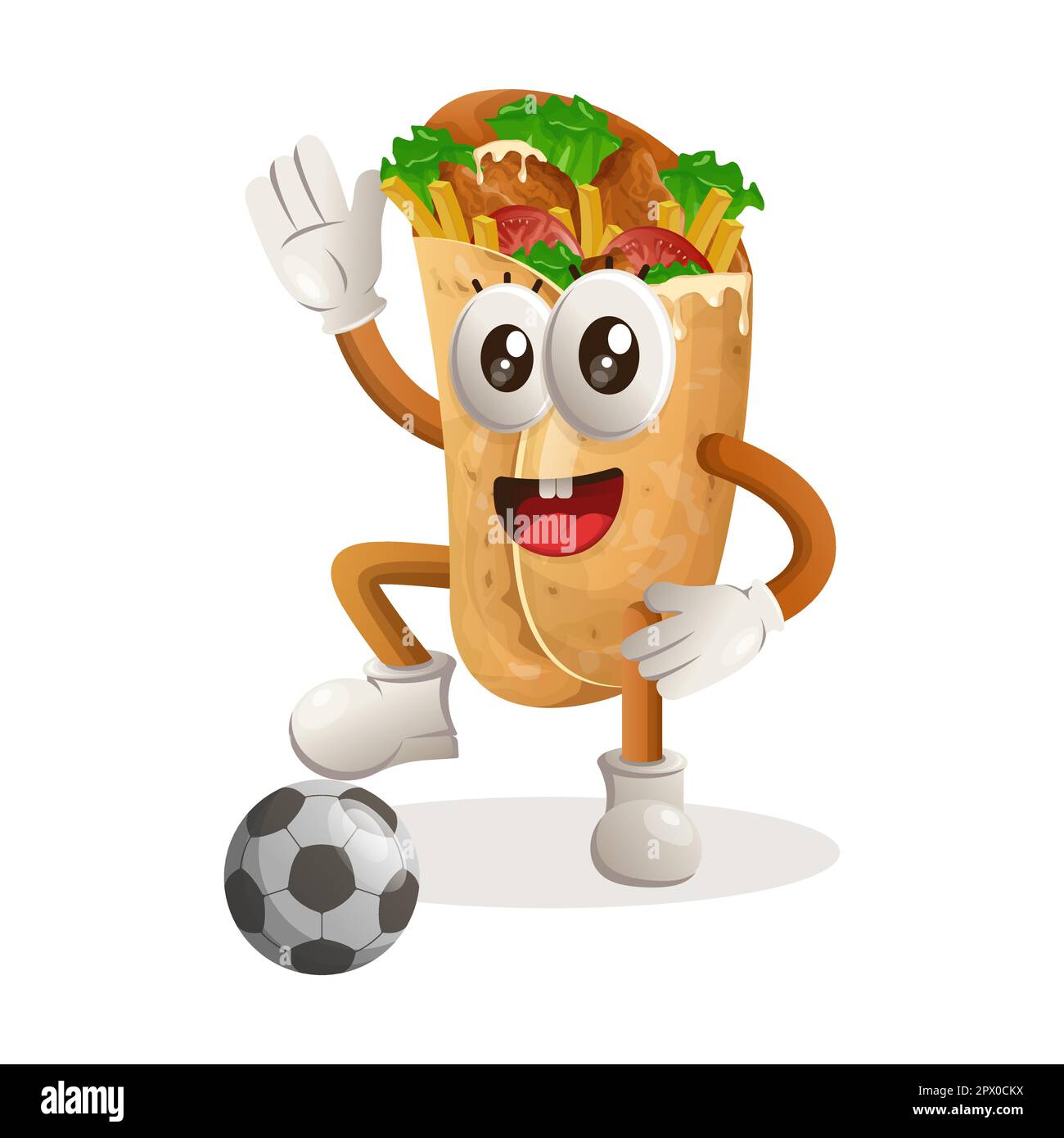 Cute burrito mascot play football, soccer ball. Perfect for food store ...