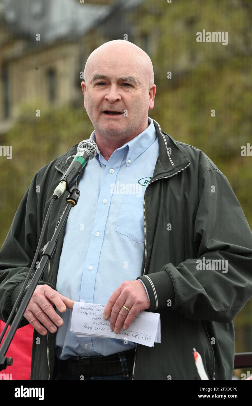 London, UK. 1st May 2023; Speakers Michael Lynch of RMT General ...