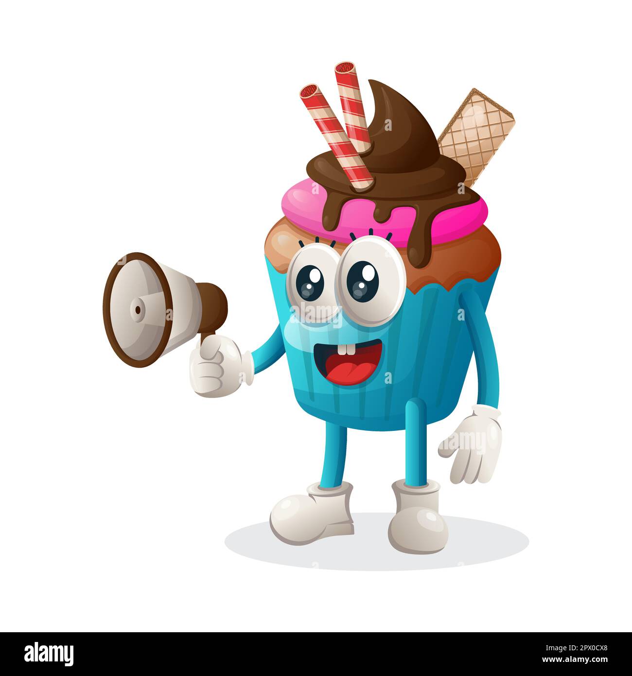 Cute cupcake mascot holding megaphone. Perfect for food store, small ...