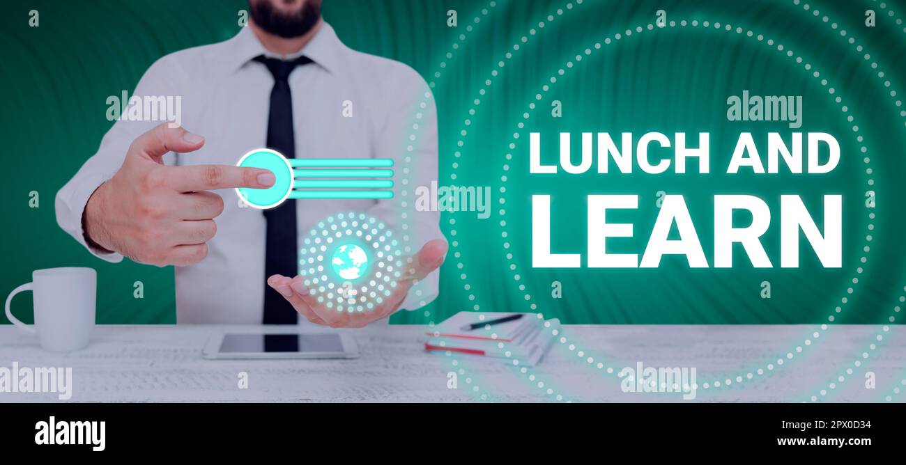 Hand writing sign Lunch And Learn, Word Written on Have meal and study ...