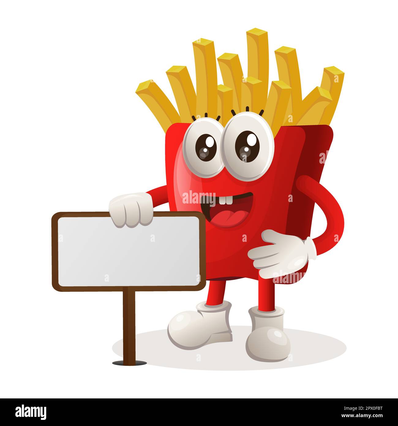 Cute french fries mascot standing next to a billboard. Perfect for food ...