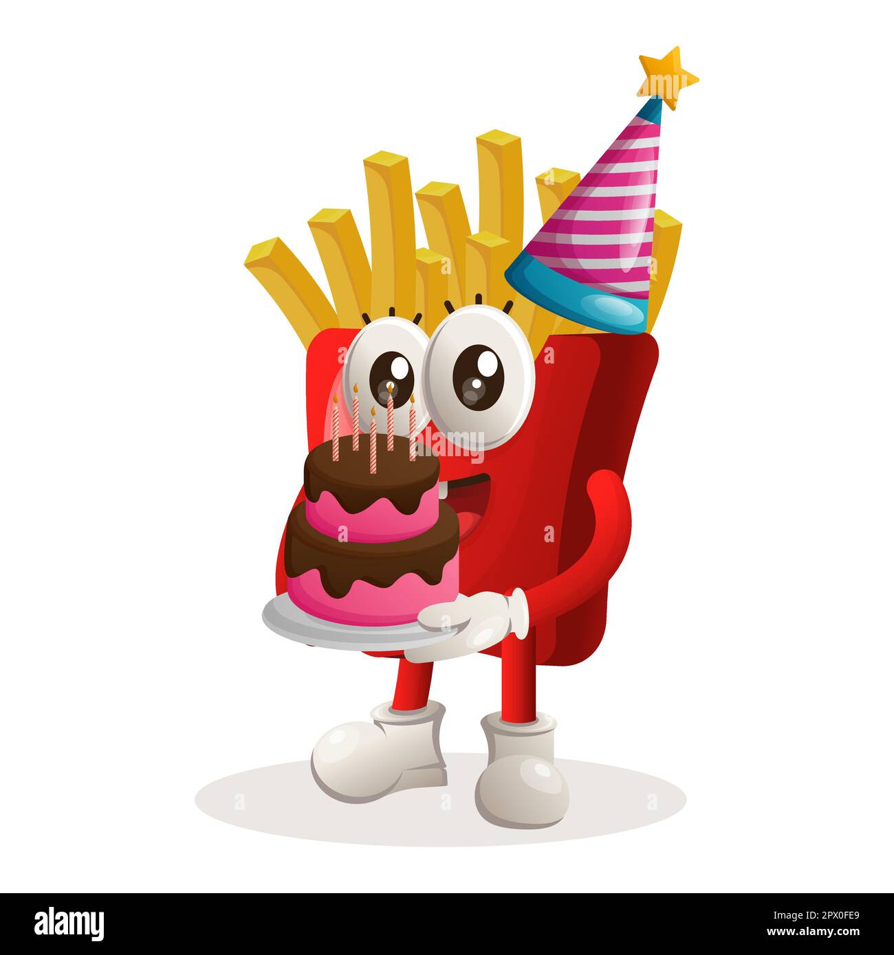 Cute french fries mascot wearing a birthday hat, holding birthday cake ...