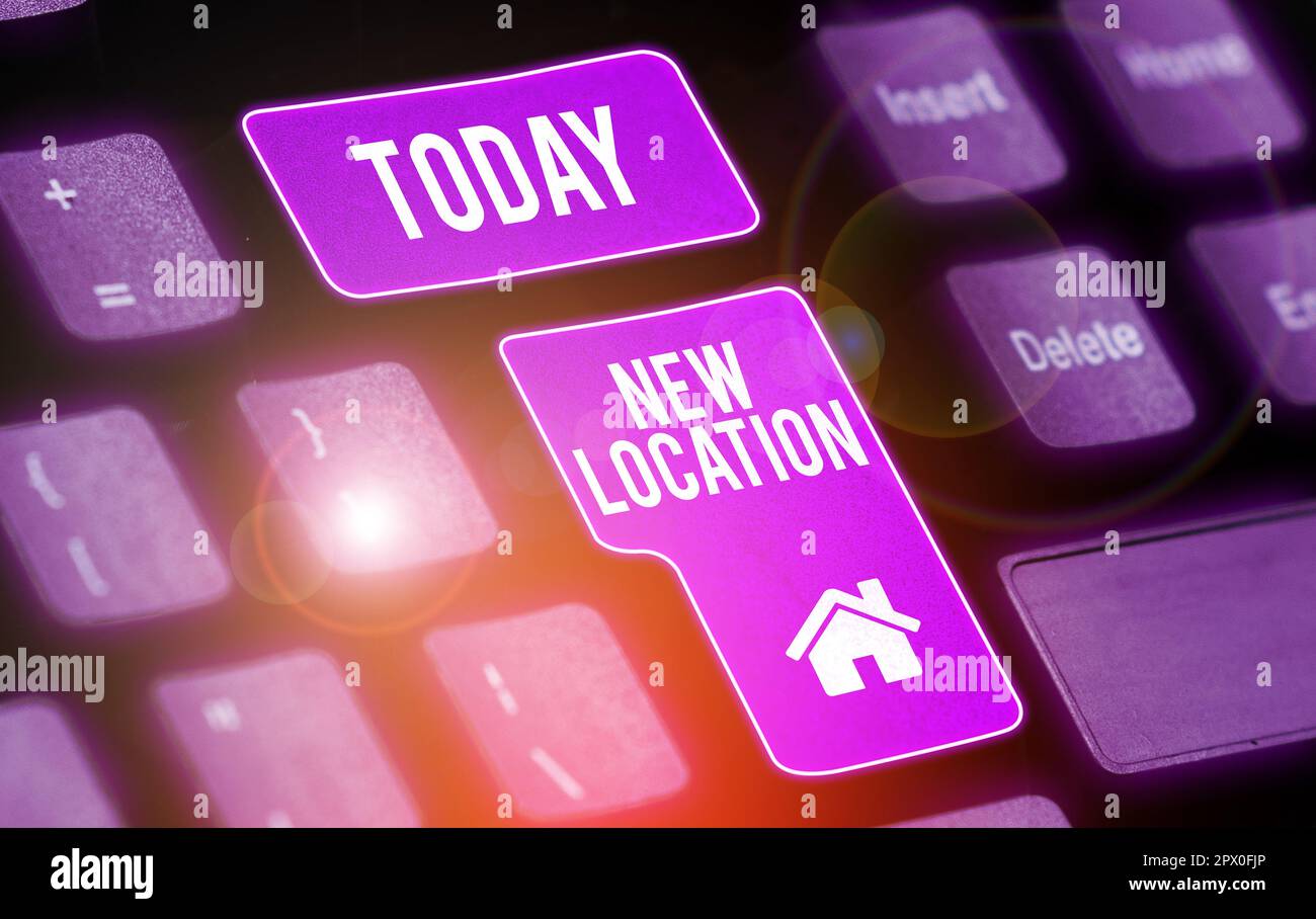 Conceptual caption New Location, Word for Get located on a new place ...