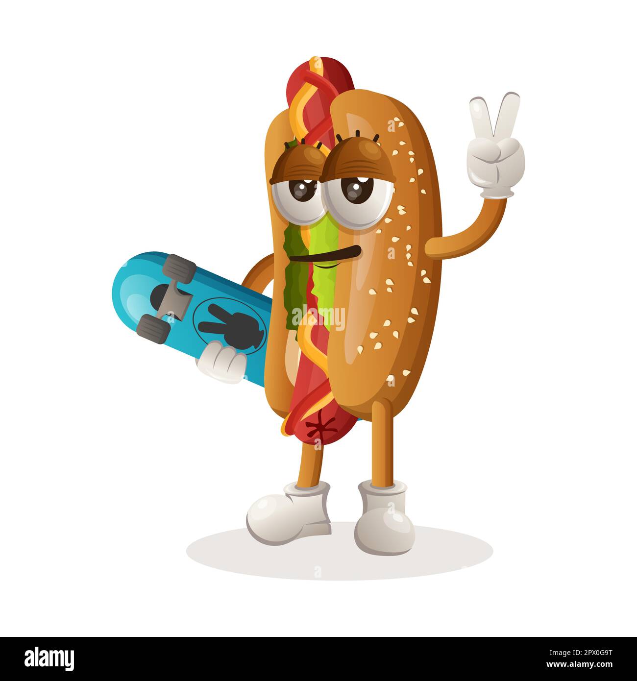 Cute hotdog mascot carrying a skateboard. Perfect for food store, small ...