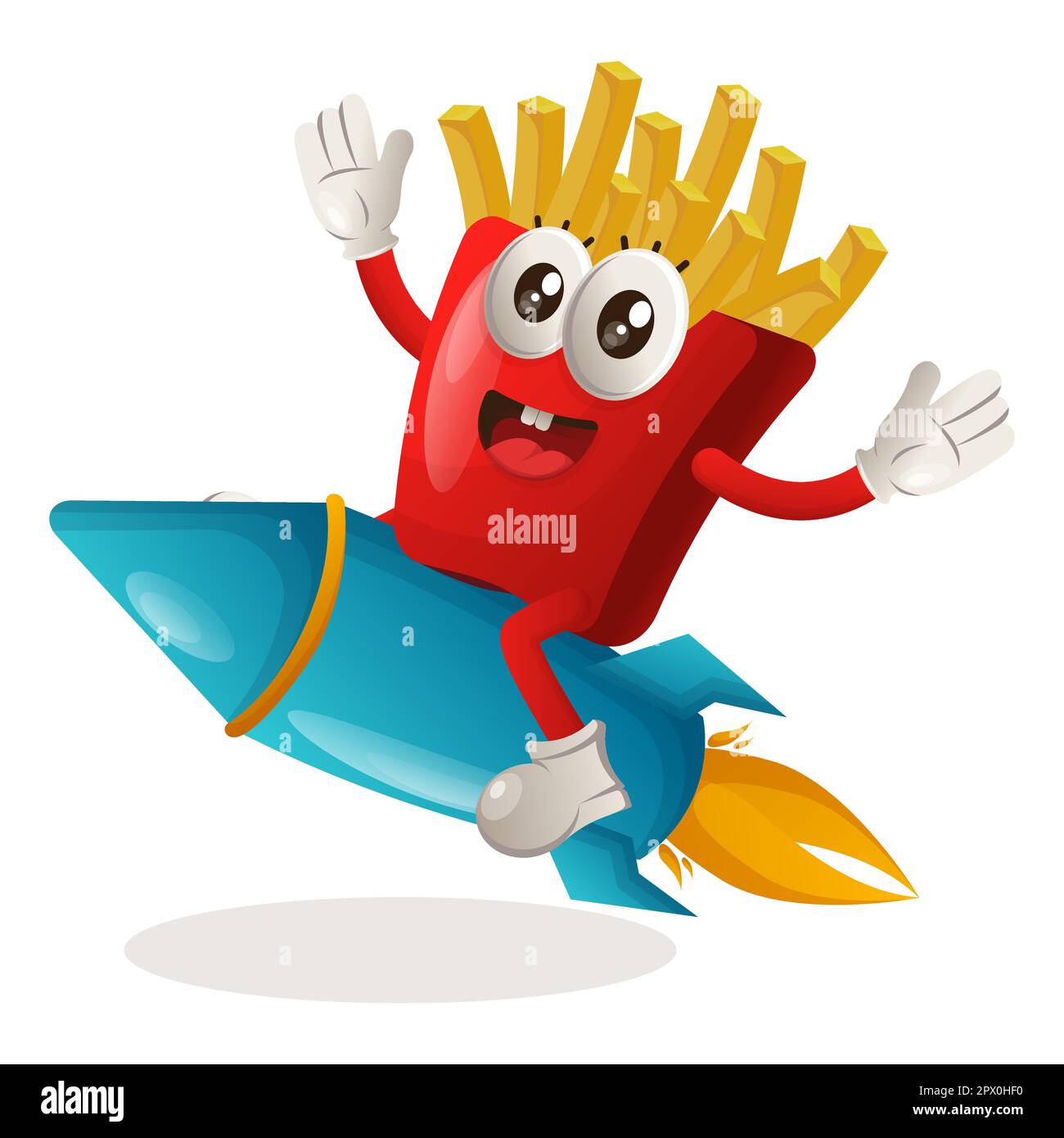 Cute french fries mascot flying on rocket. Perfect for food store ...