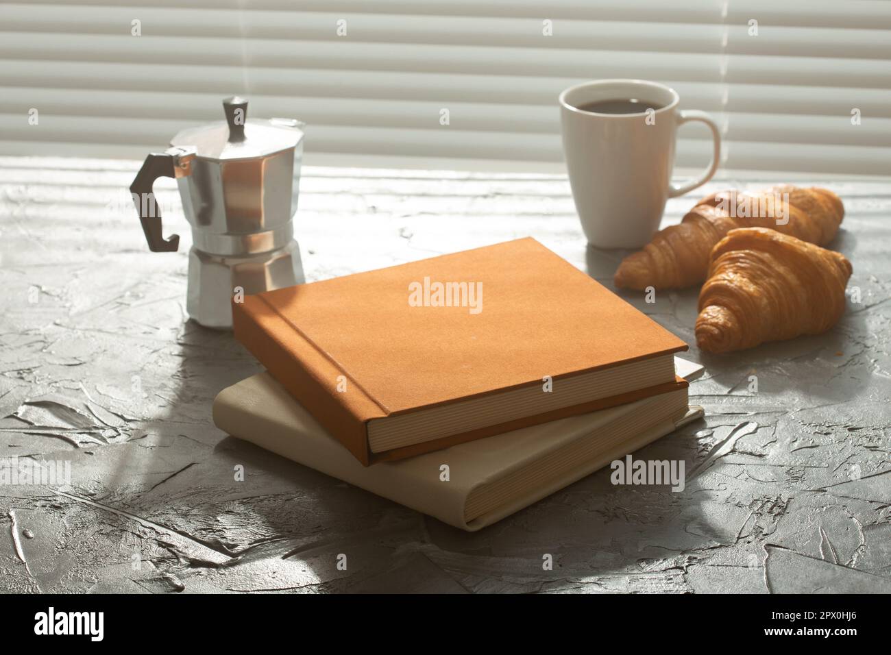 Still life for pleasant morning coffee turk cup and croissants with two ...