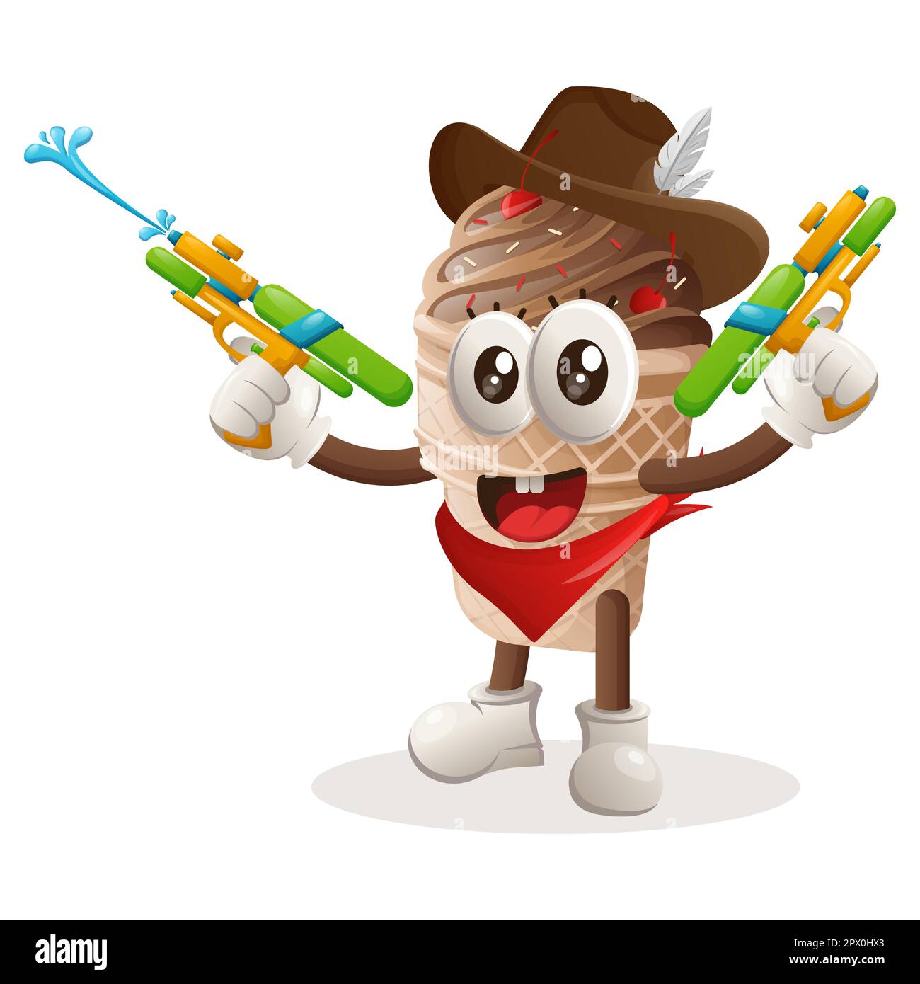Cute ice cream mascot playing with water gun toy. Perfect for food ...