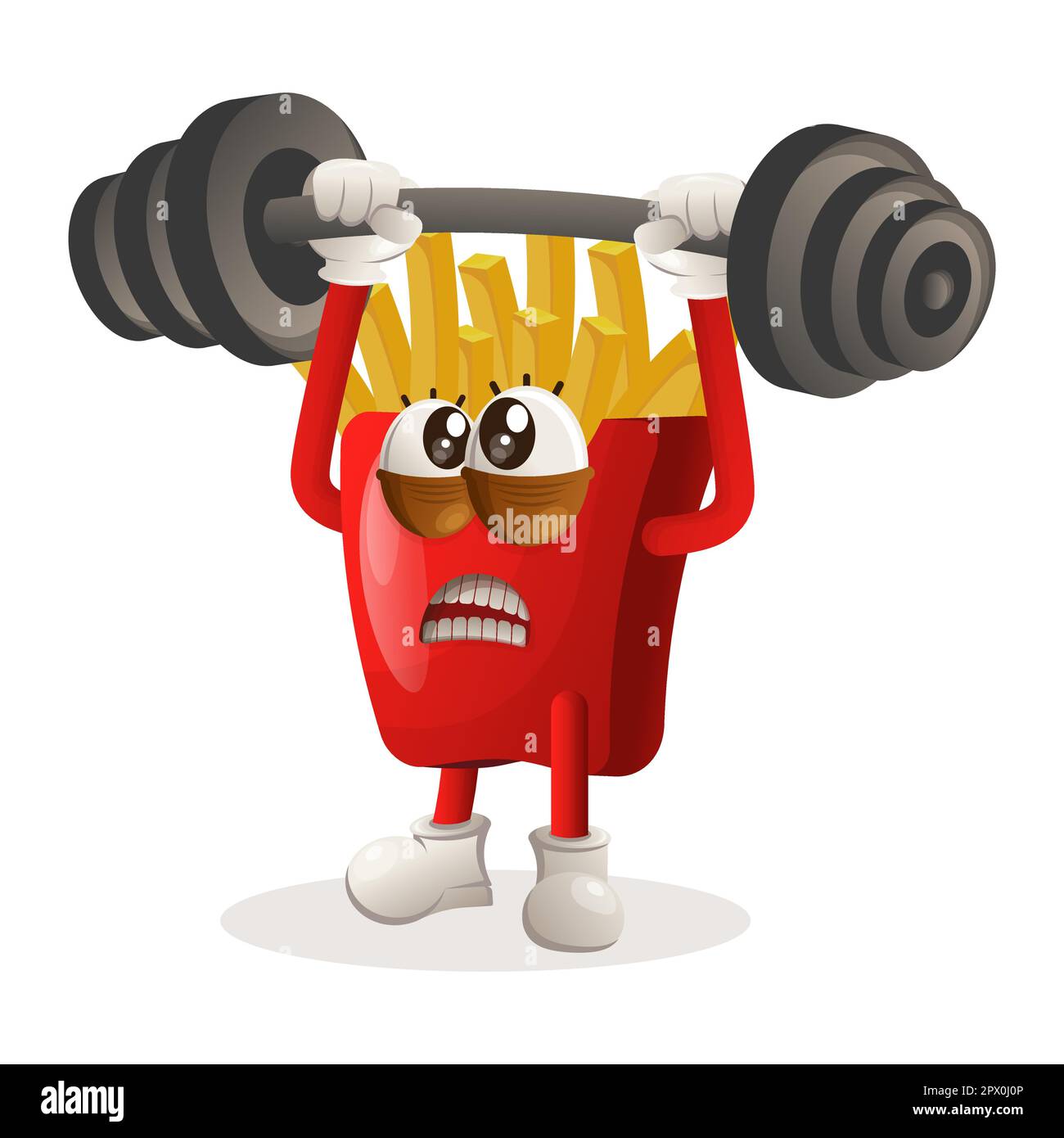 Cute french fries mascot bodybuilding with barbell flexing muscles ...