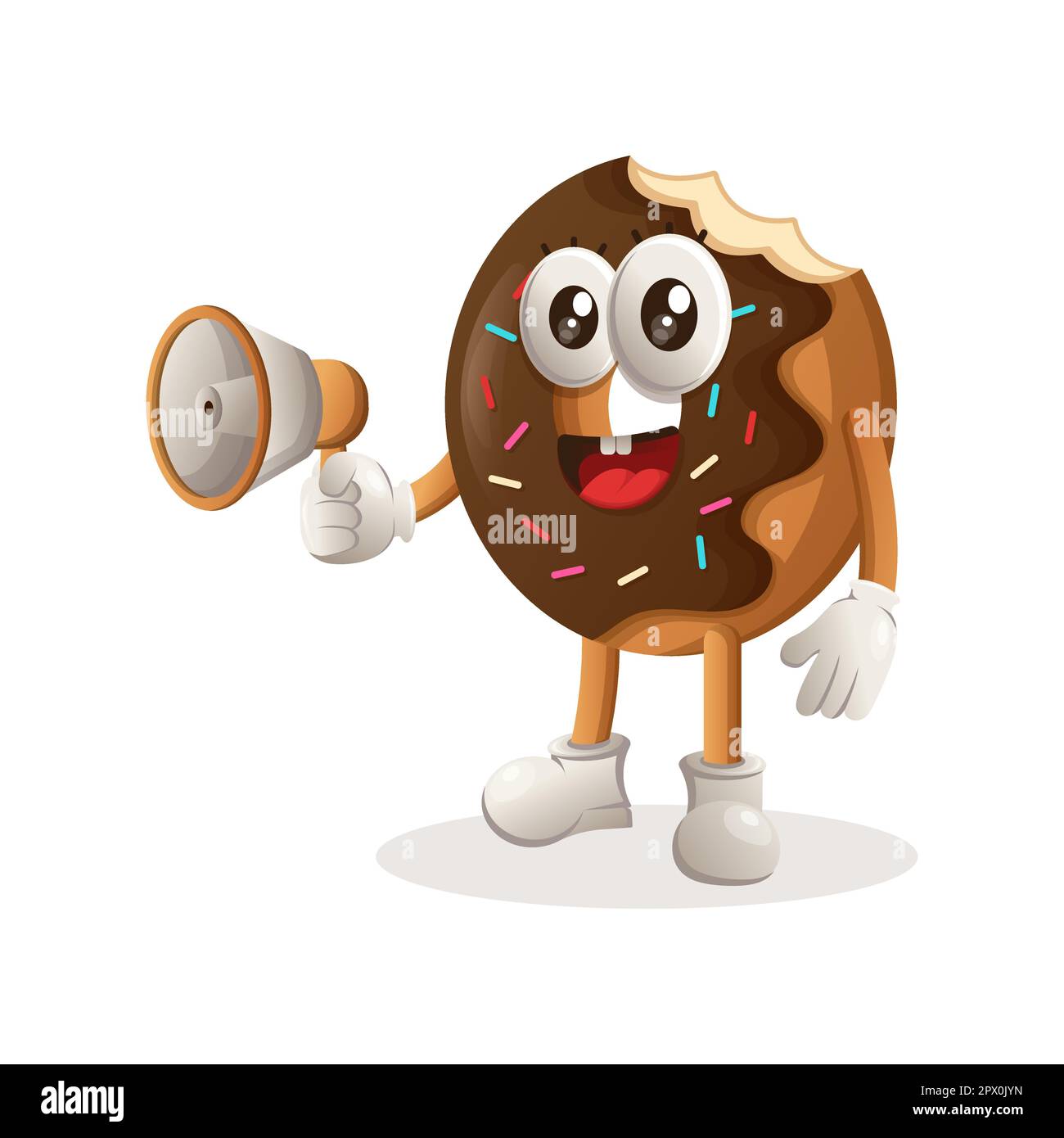 Cute donut mascot holding megaphone. Perfect for food store, small business or e-Commerce ...