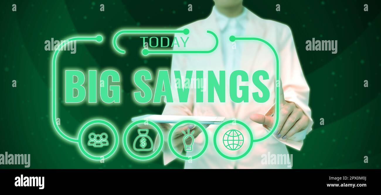 Handwriting text Big Savings, Word Written on income not spent or ...