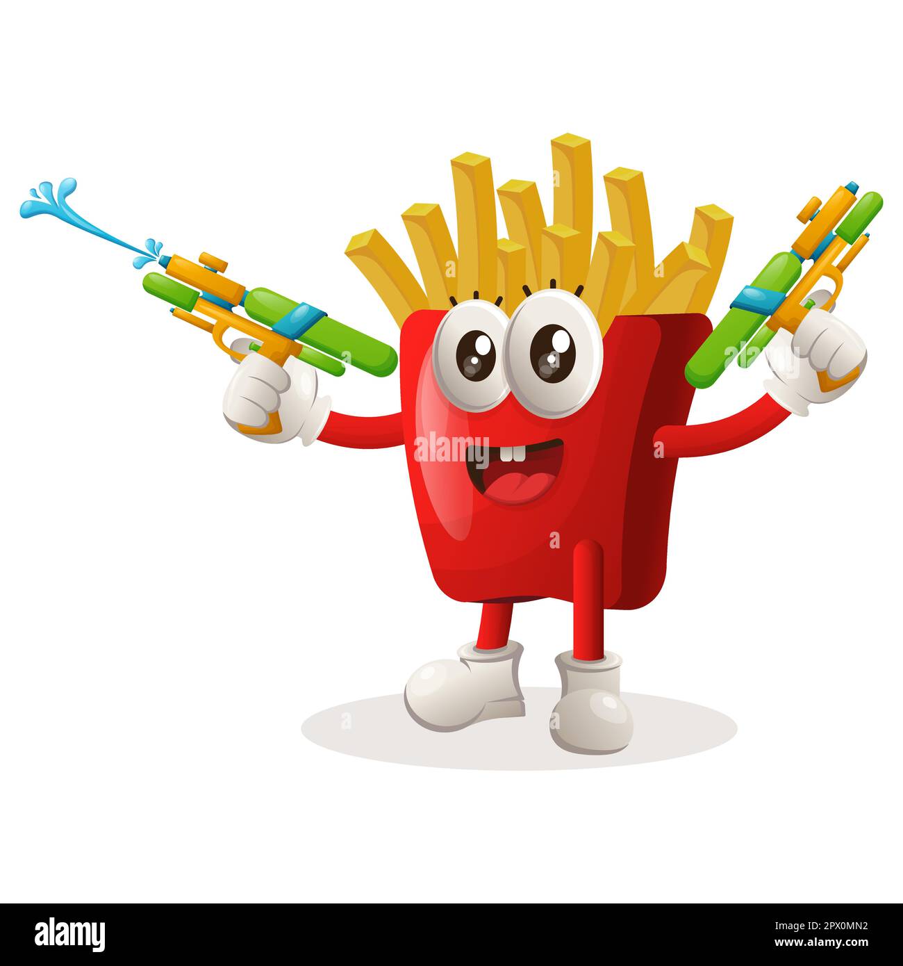 Cute french fries mascot playing with water gun toy. Perfect for food ...