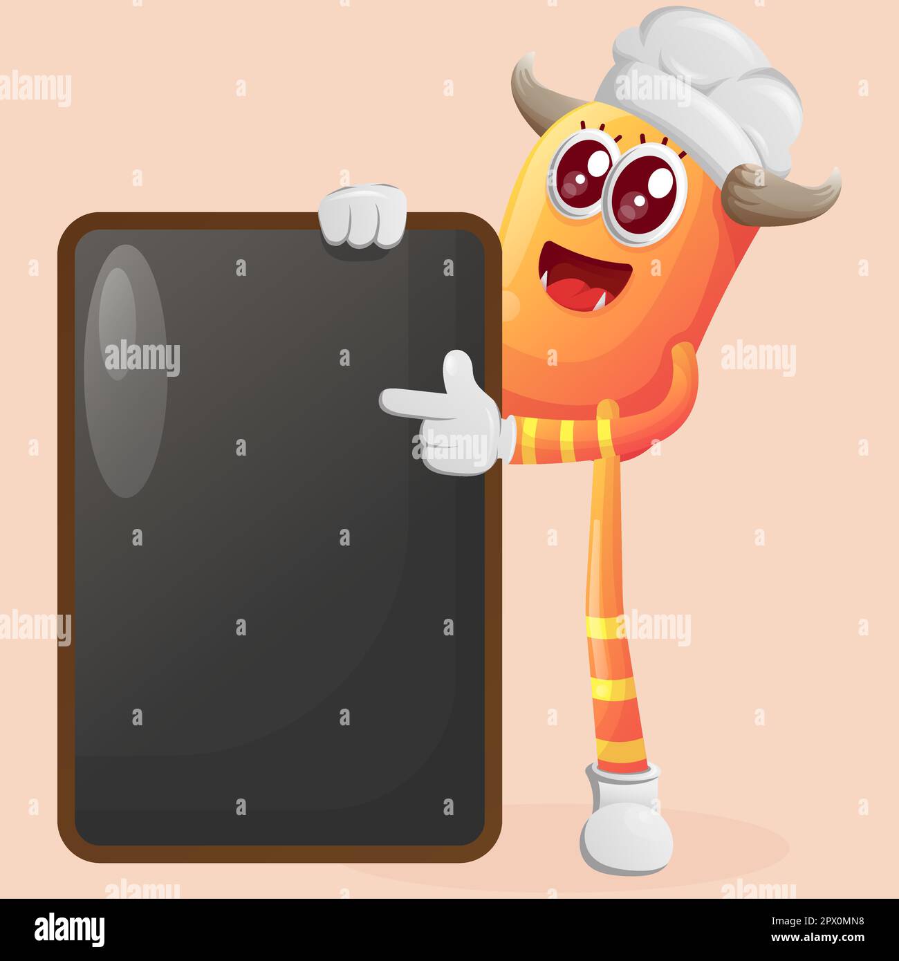 Cute orange monster holding menu black Board, menu board, sign board ...