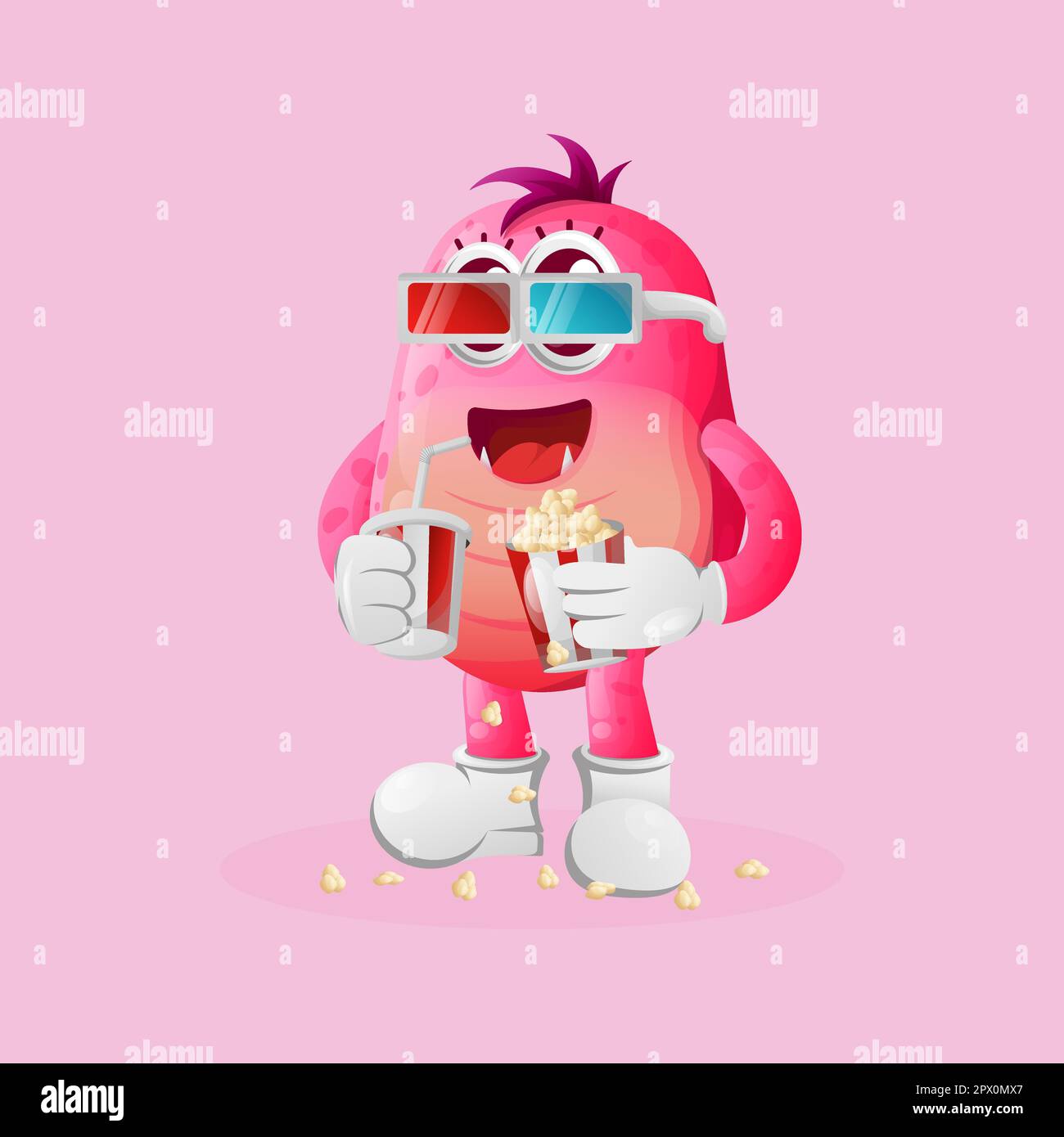 Cute pink monster watching movie with holding soda and popcorn. Perfect ...