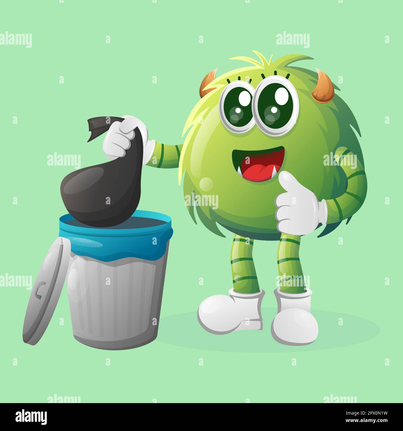 Cute green monster placing reusable waste into garbage can. Perfect for ...