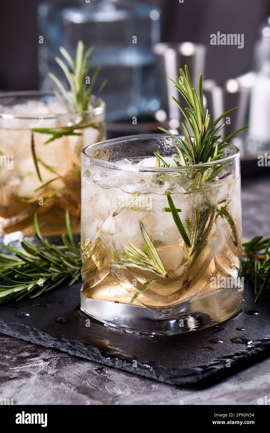 The Rosemary Vodka cocktail consists of maple syrup with a small amount ...