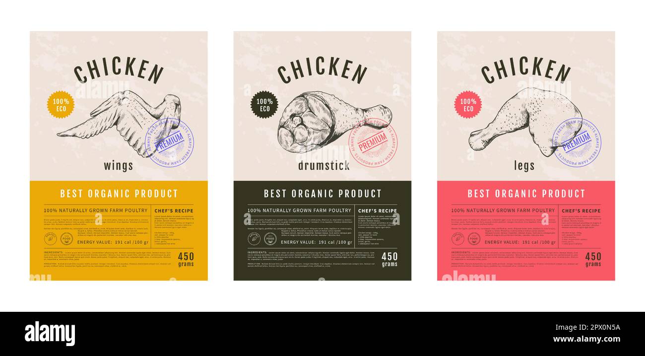 Food label design. Chicken retro package, tag or sticker for poultry ...