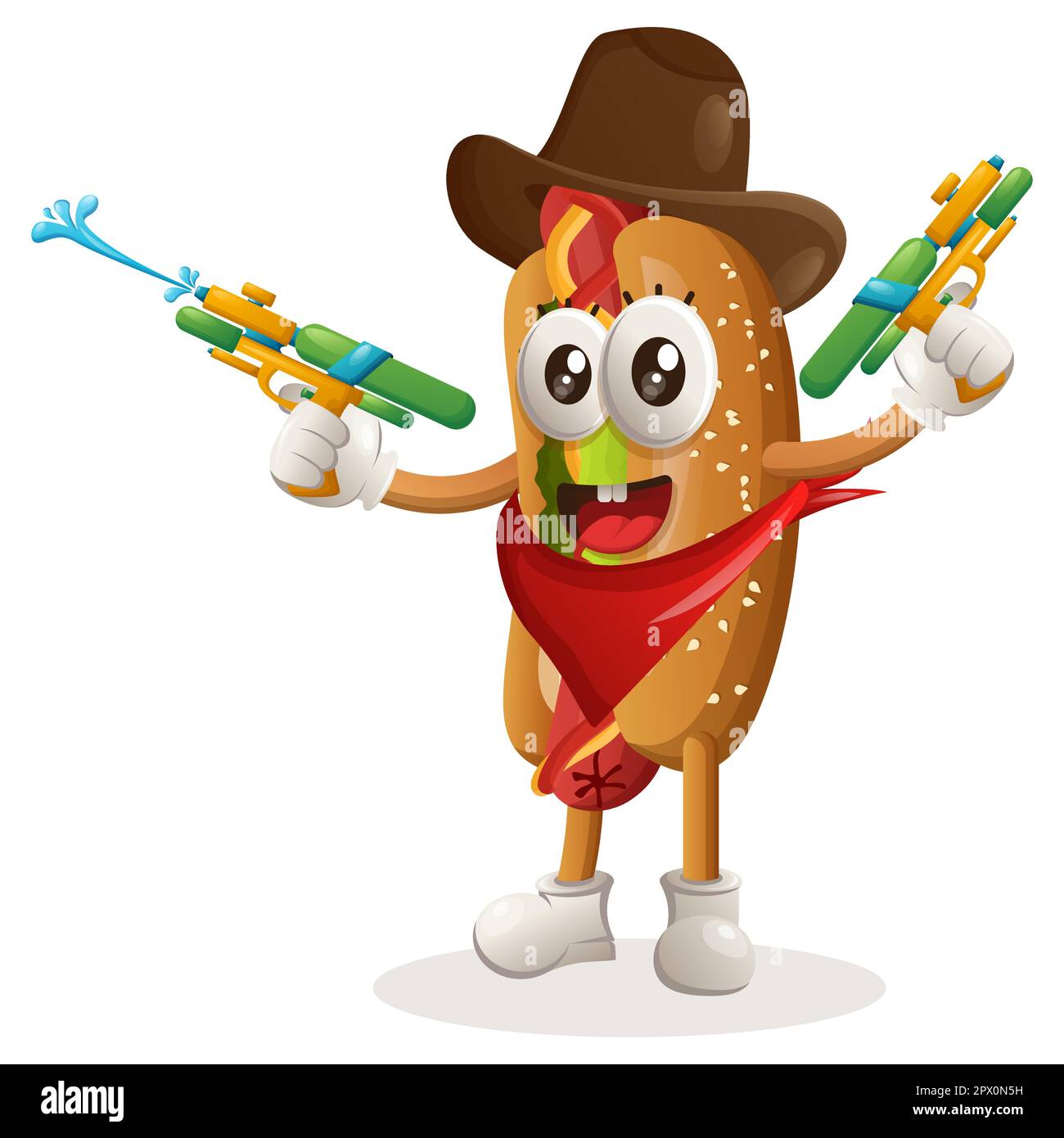 Cute hotdog mascot playing with water gun toy. Perfect for food store ...