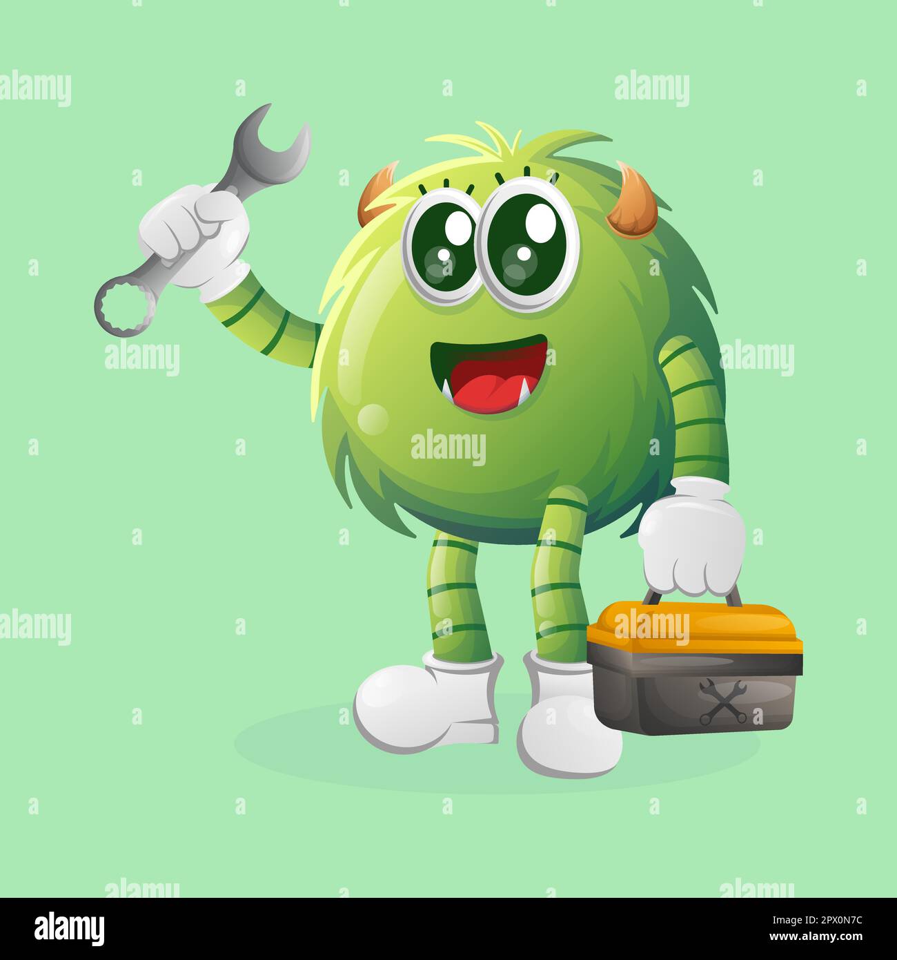 Cute green monster holding spanner and tolls box. Perfect for kids ...